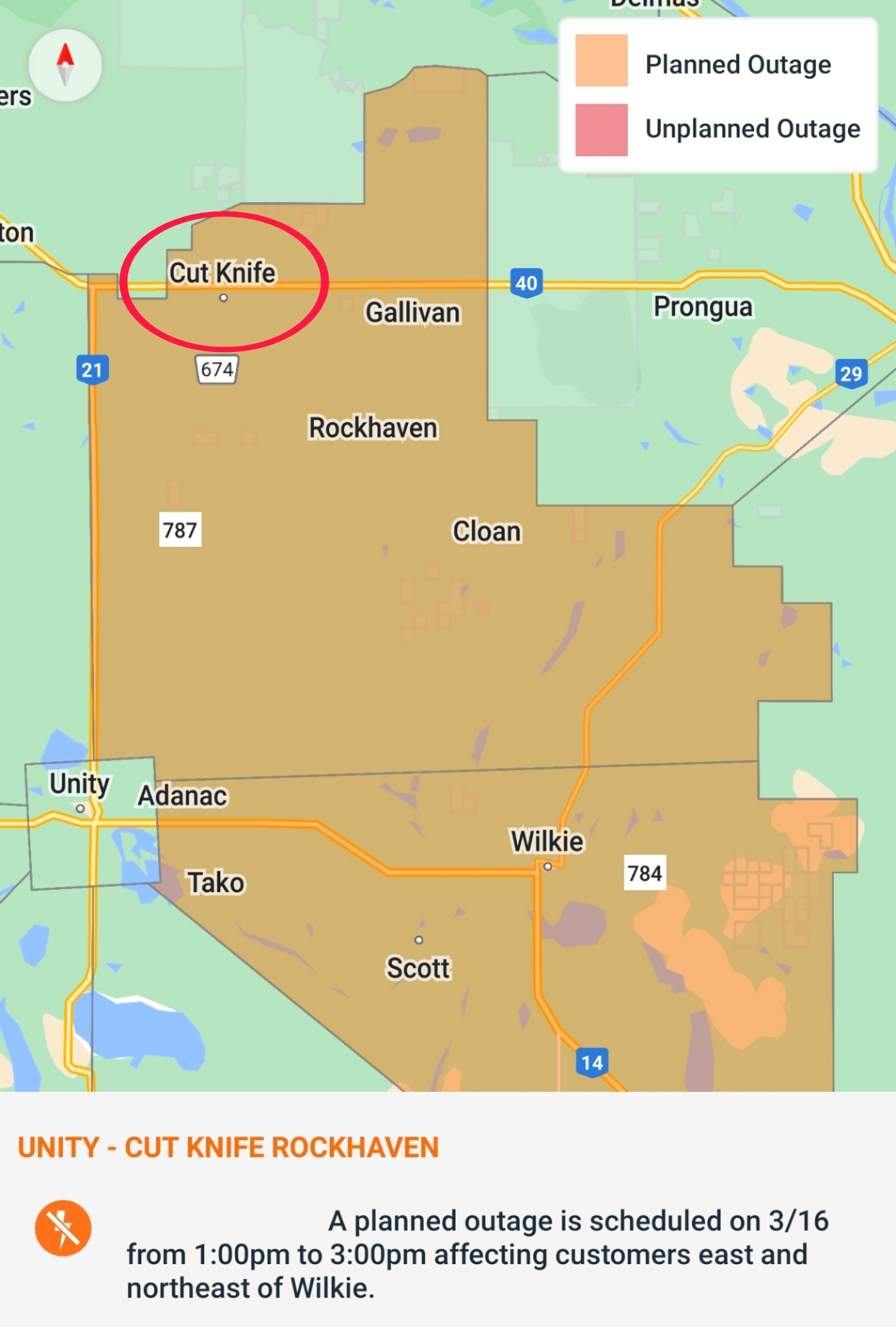 Sask Power Planned Power Outage for March 16th – Town of Cut Knife