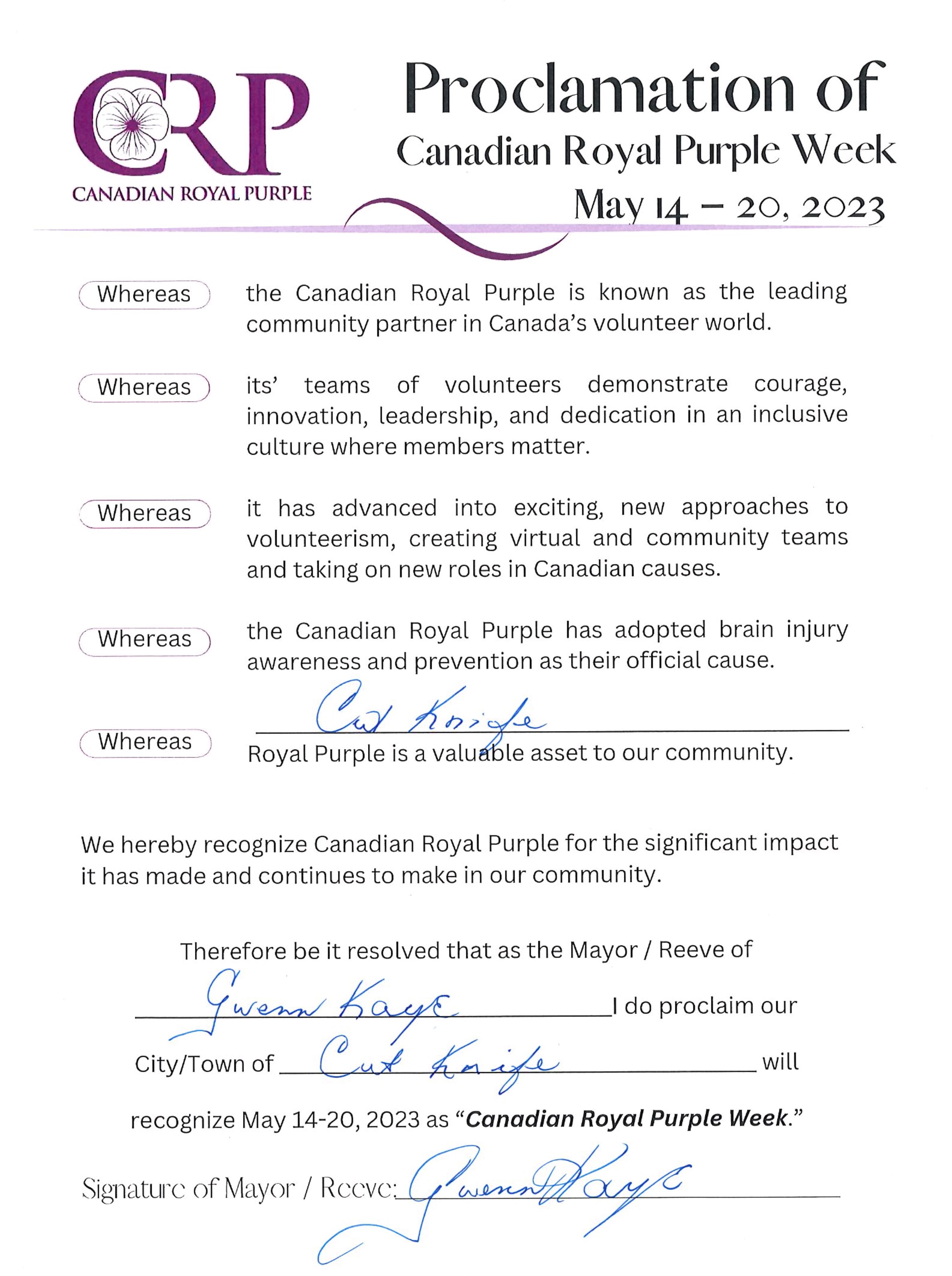 Proclamation of Canadian Royal Purple Week – Town of Cut Knife
