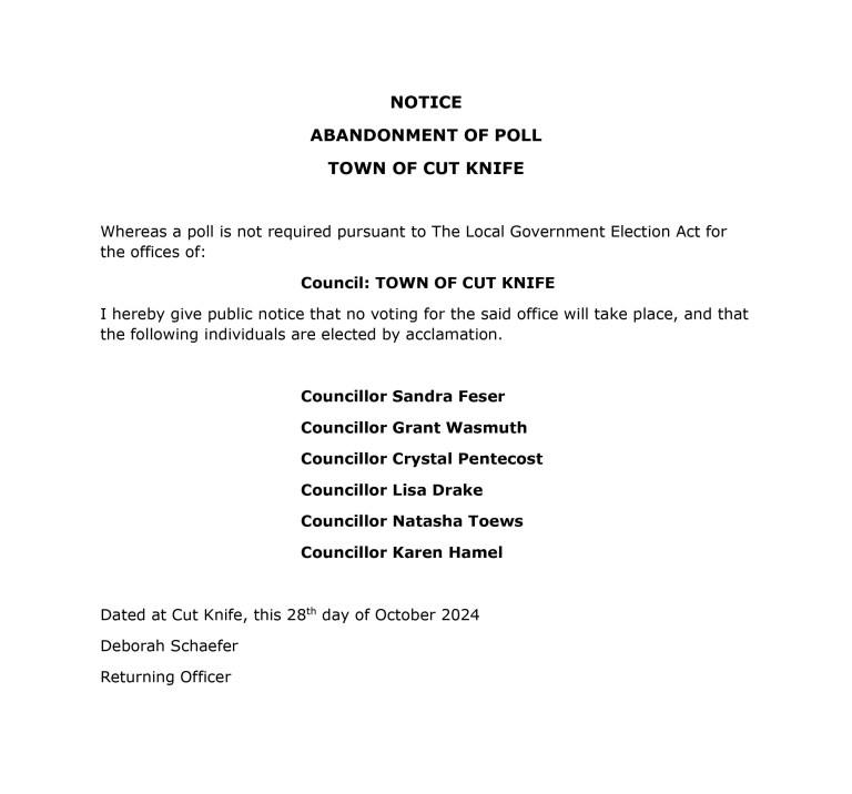 Municipal Election: Notice of Abandonment of Poll – Town of Cut Knife