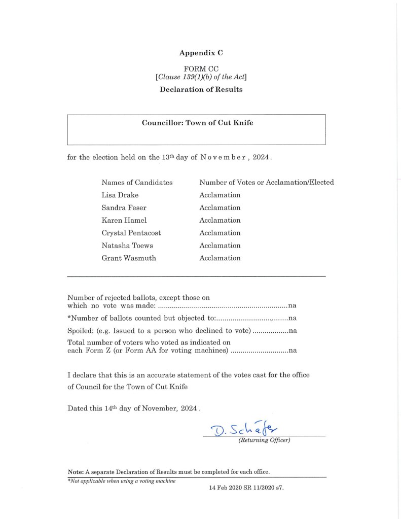 Municipal Election: Declaration of Council – Town of Cut Knife