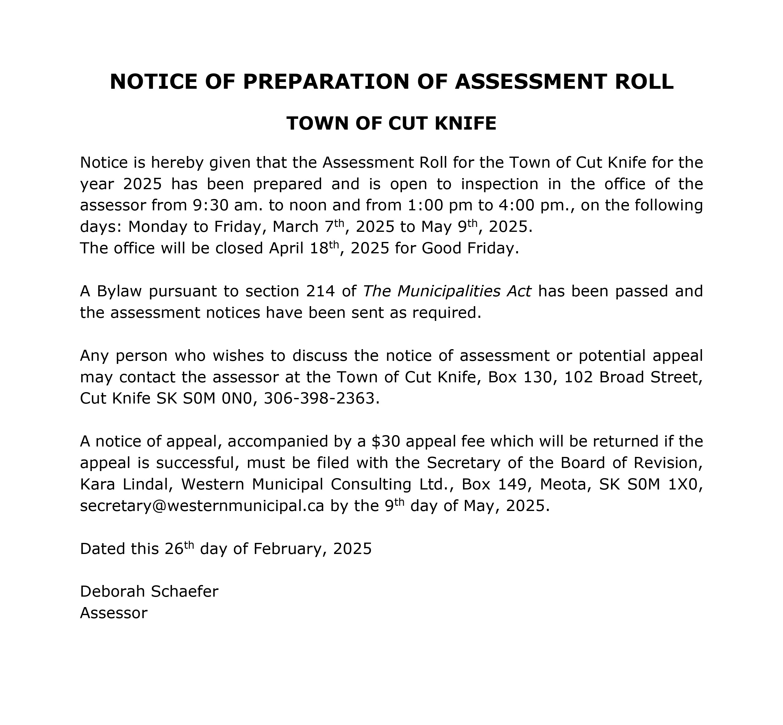 Notice of Preparation of Assessment Roll 2025 – Town of Cut Knife