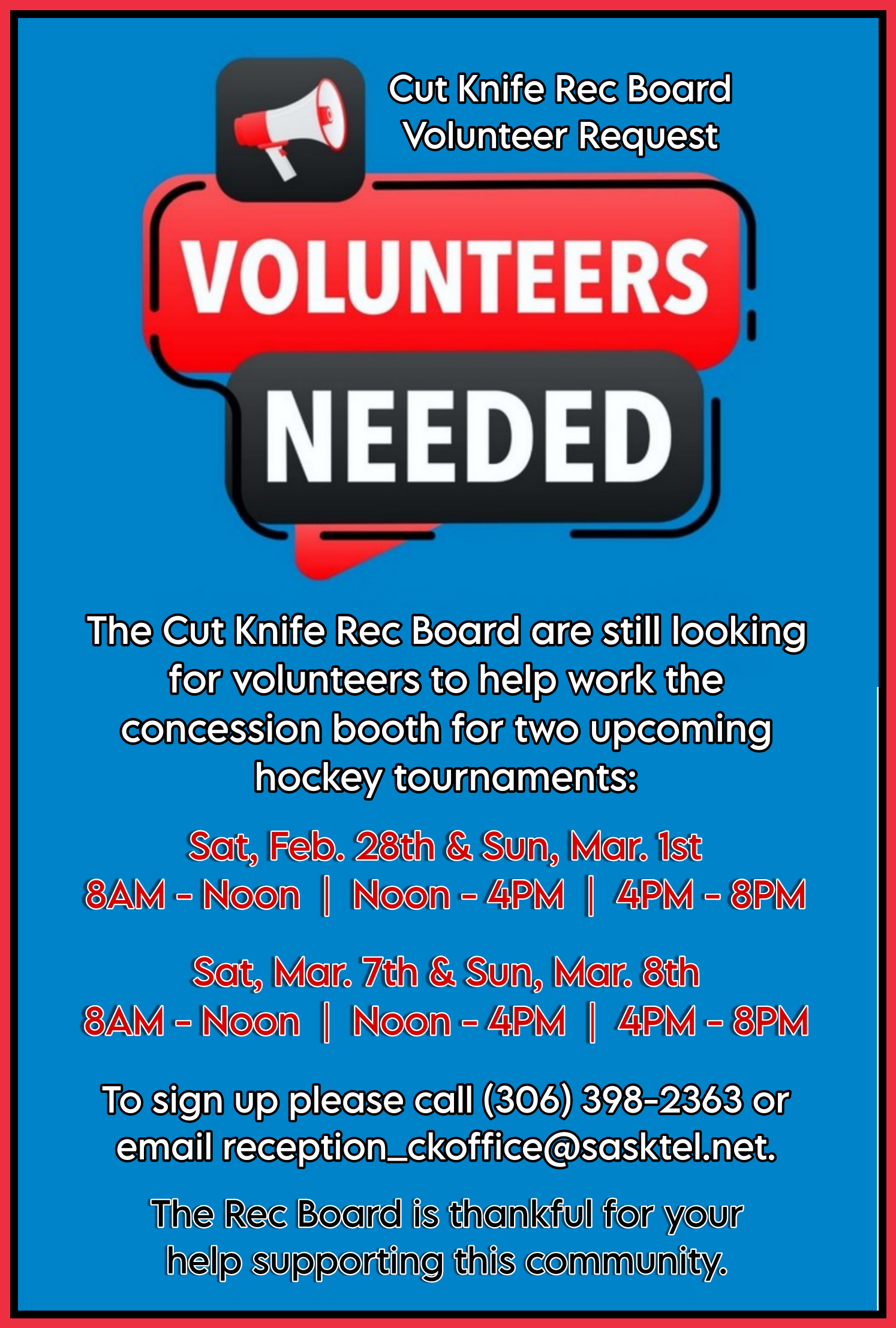 Volunteer Help Request: Civic Centre Concession Booth – Town of Cut Knife