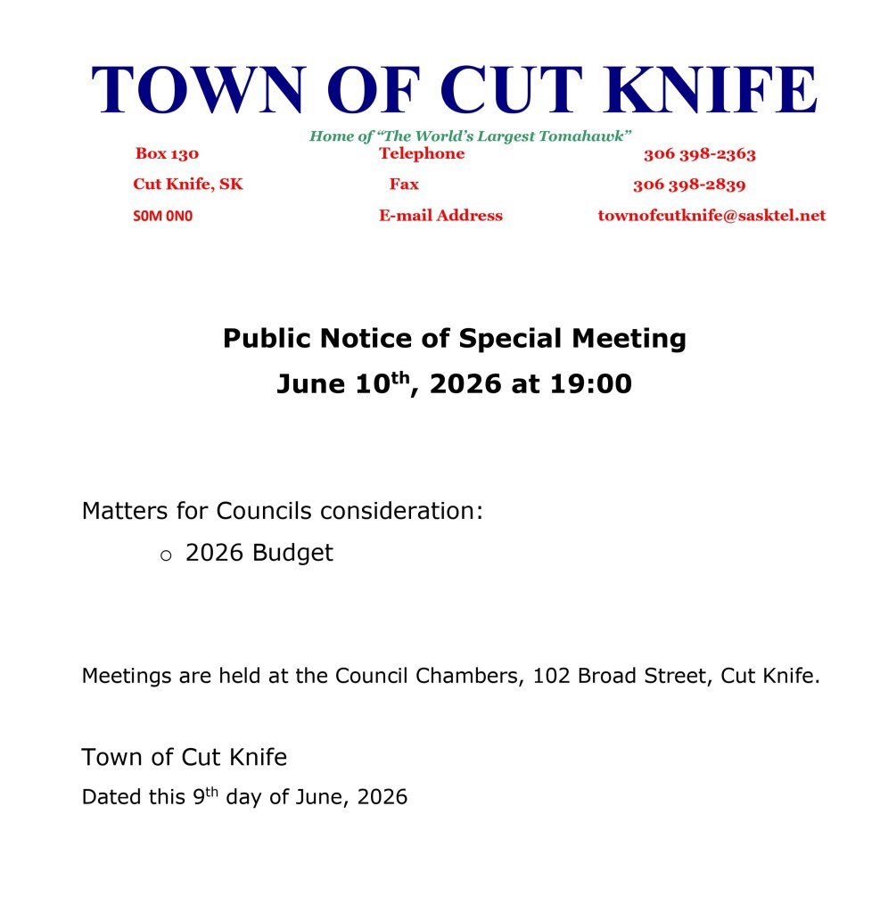 Special Meeting set for June 10, 2026 – Town of Cut Knife